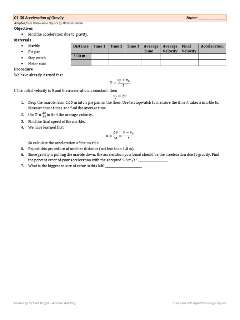 01-06 Acceleration of Gravity Lab | PDF