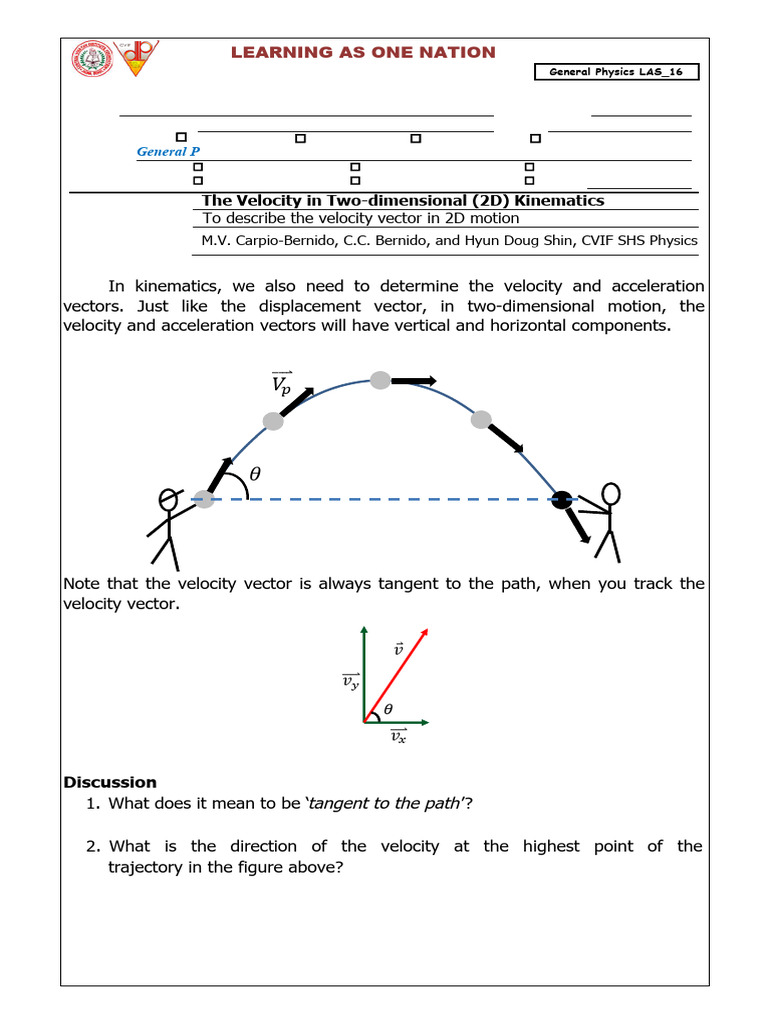 Gen Physics 1 LAS 16 The Velocity in Two-Dimensional Kinematics | PDF