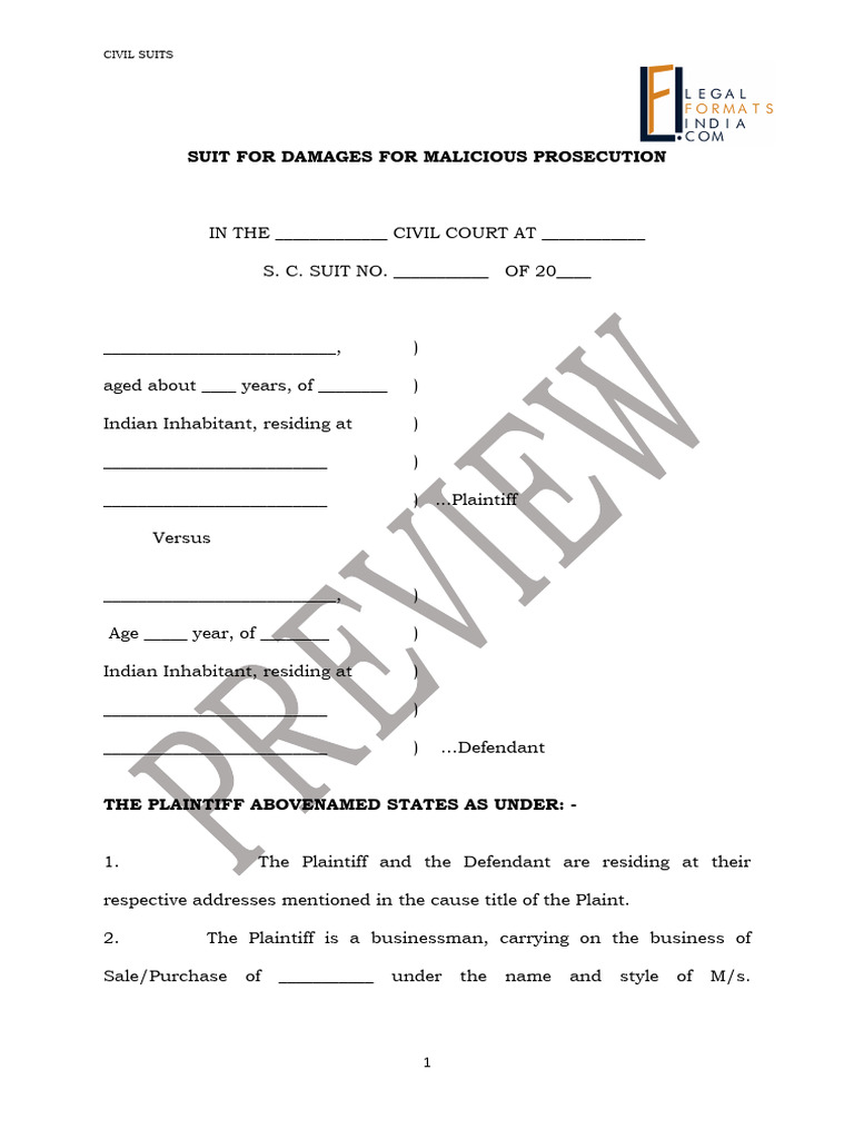 final-SUIT FOR DAMAGES FOR MALICIOUS PROSECUTION-sample | PDF | Lawsuit | Property Law