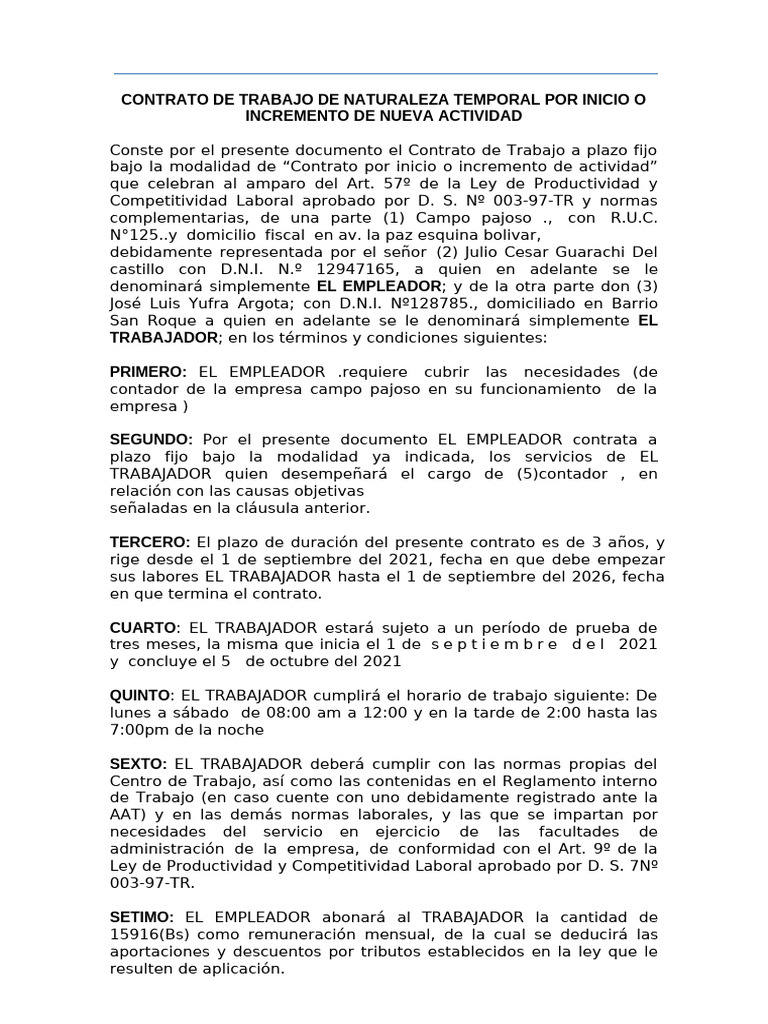 Contrato de Trabajo Por Inicio de Nueva Actividad | PDF