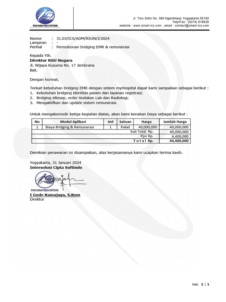 Biaya Bridging MyHospital X EMR | PDF