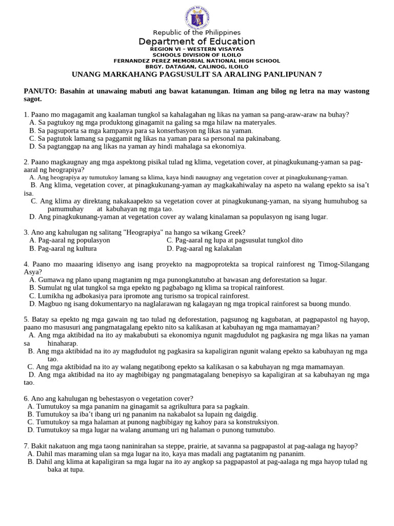 2024 Ap 7 Q1 Quarterly Exam | PDF