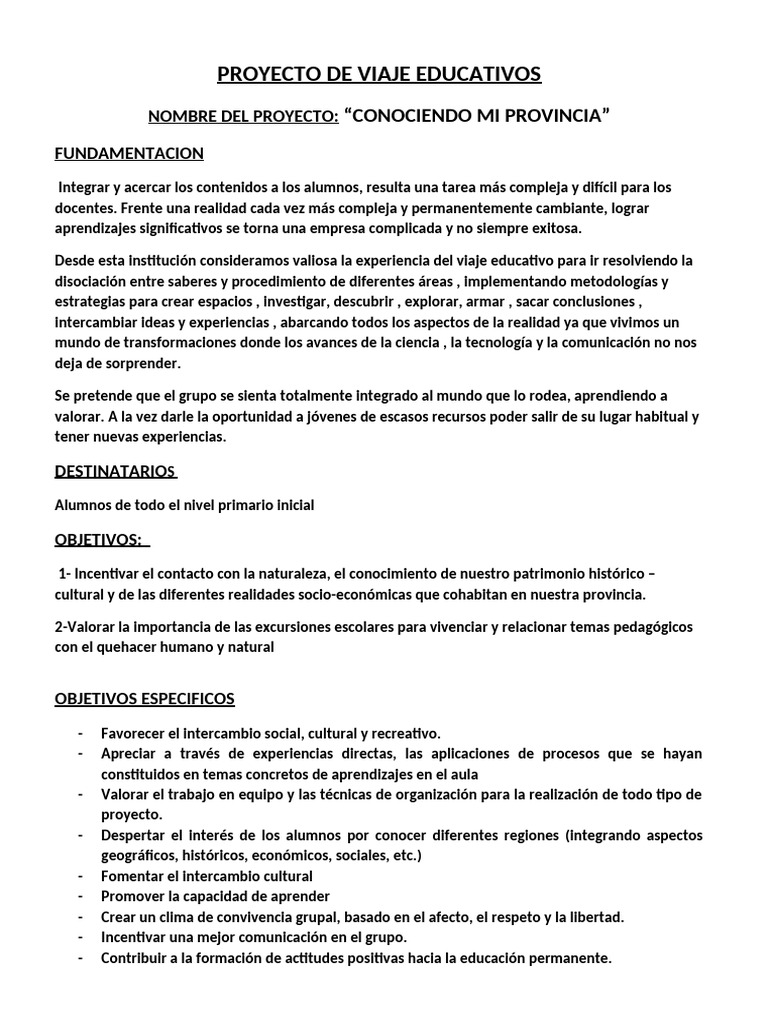 PROYECTO DE VIAJES EDUCATIVOS (1) | PDF