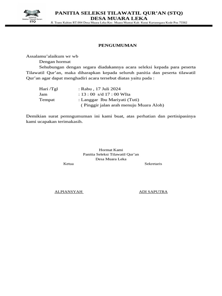Pengumuman STQ | PDF