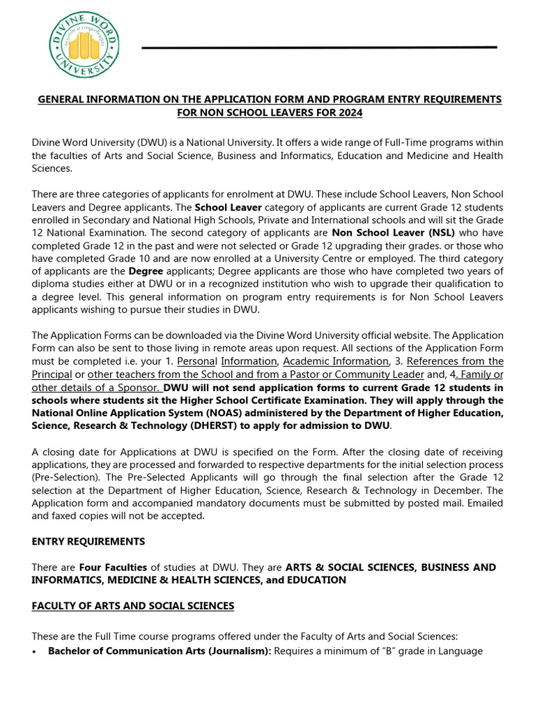 2024 DWU Program Information and Entry Requirements Updated | PDF