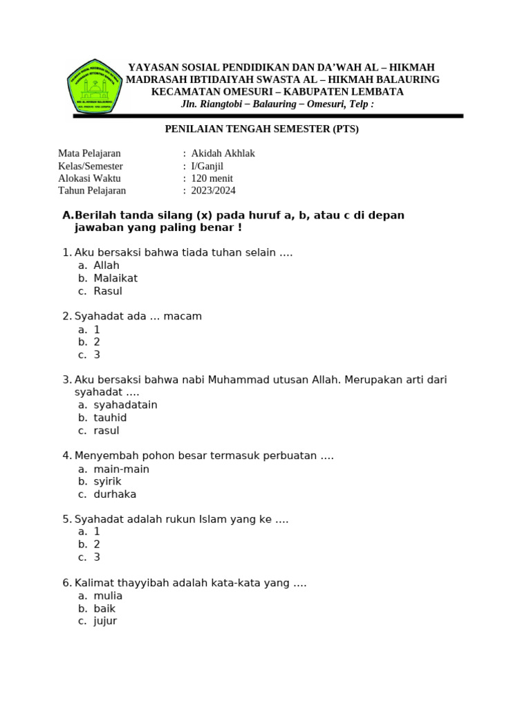 Soal Pts Akidah Akhlak Kelas 1 | PDF
