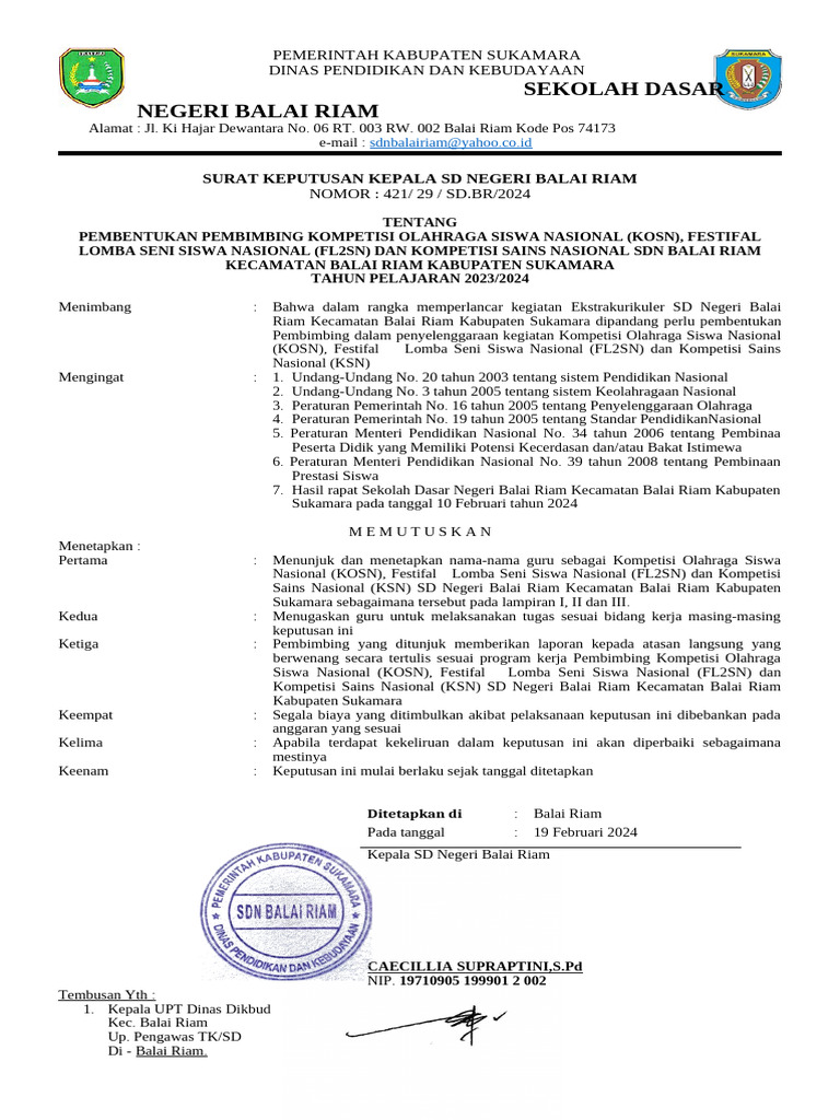 SK Pembimbing KOSN, FLS2N, KSN 2024 | PDF