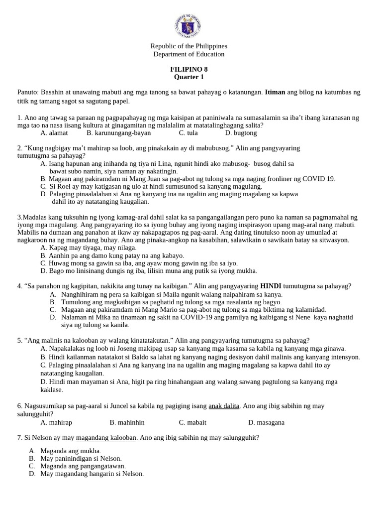 Filipino 8 TQS - Q1 | PDF