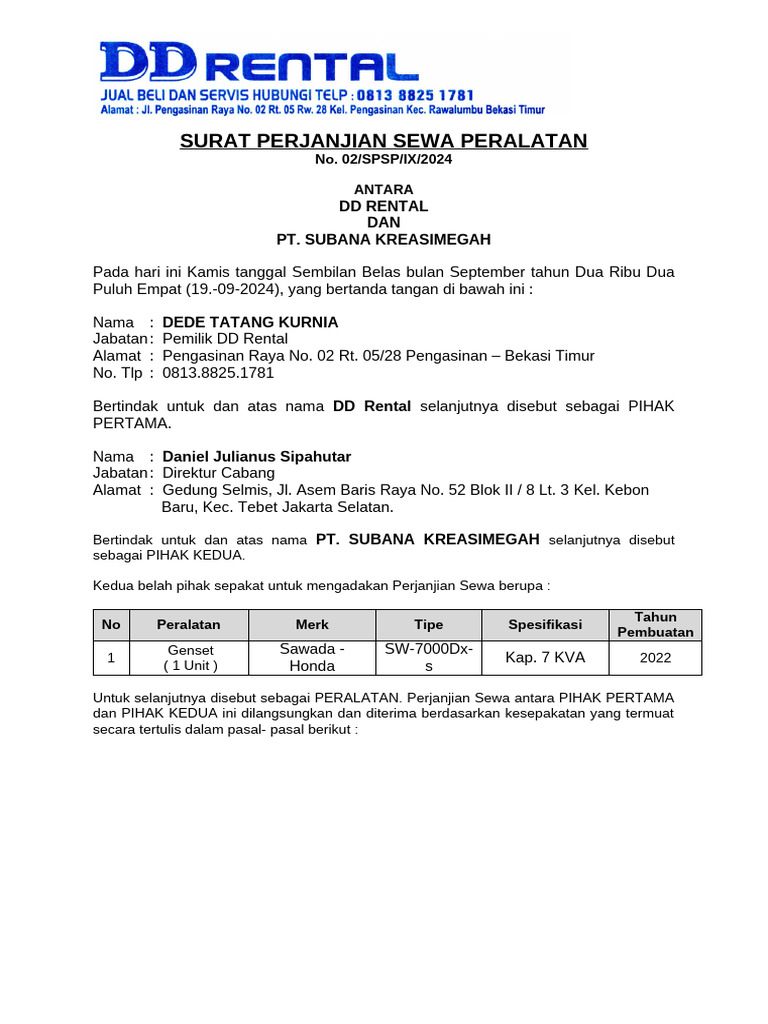 Format Perjanjian Kerja Sama Sewa SKM Genset | PDF