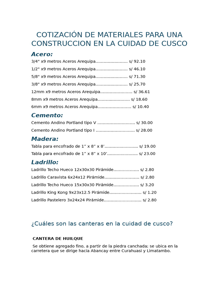 COTIZACIÓN DE MATERIALES PARA UNA CONSTRUCCION EN LA CUIDAD DE CUSCO | PDF
