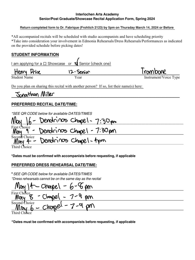 Senior - PG - Showcase Recital Application Form 2024 | PDF