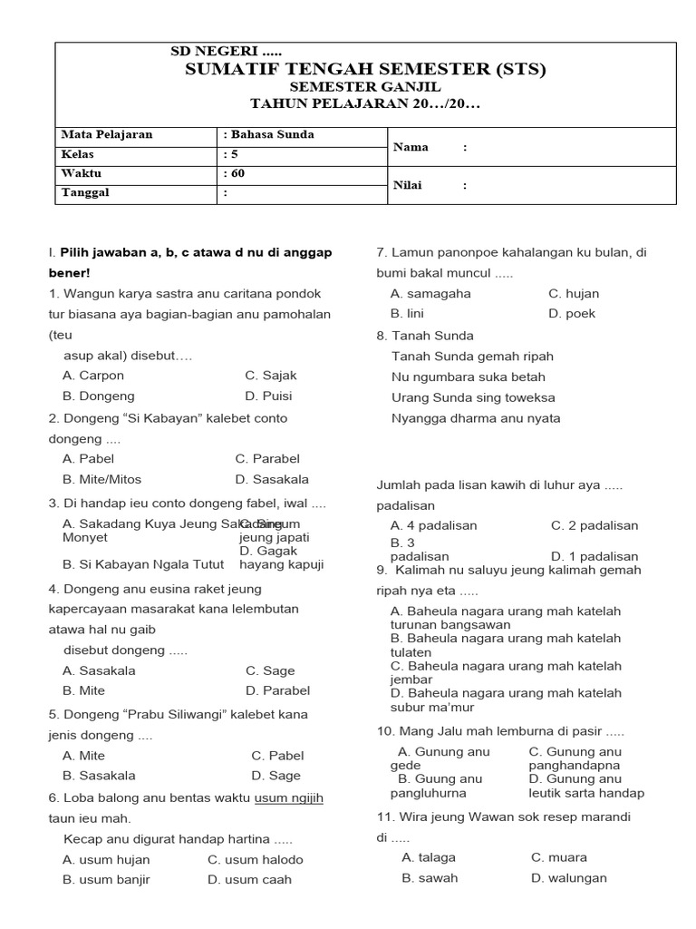 Soal Sts Bahasa Sunda Kelas 5 Semester 1 Compress | PDF
