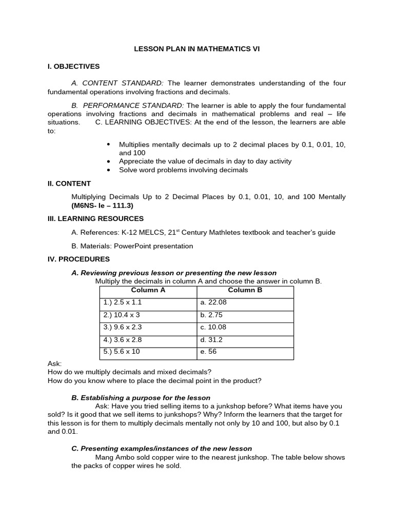 Cot Lesson Plan in Mathematics Vi - Q2 | PDF