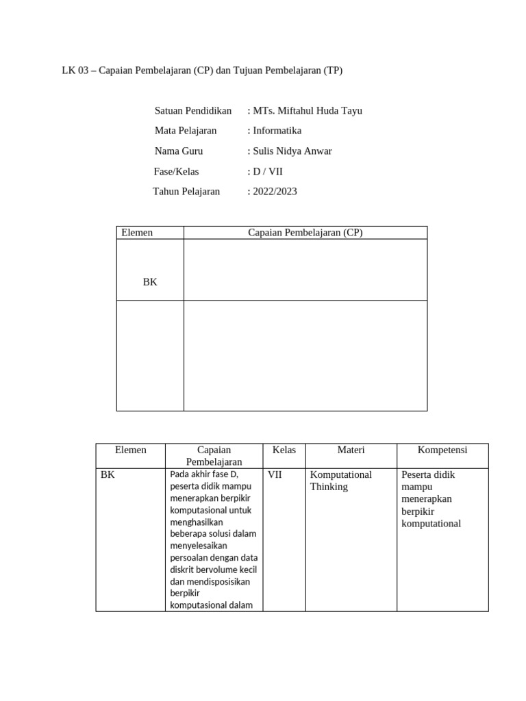LK 03 - Capaian Pembelajaran (CP) Dan Tujuan Pembelajaran (TP) | PDF