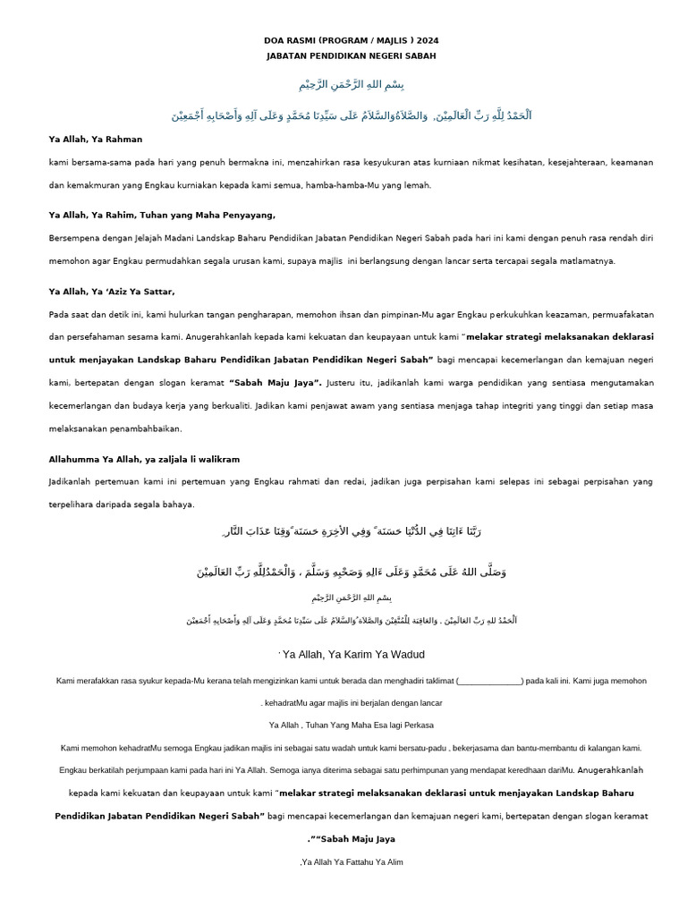 Doa Rasmi Program Dan Majlis JPN Sabah 2024 | PDF
