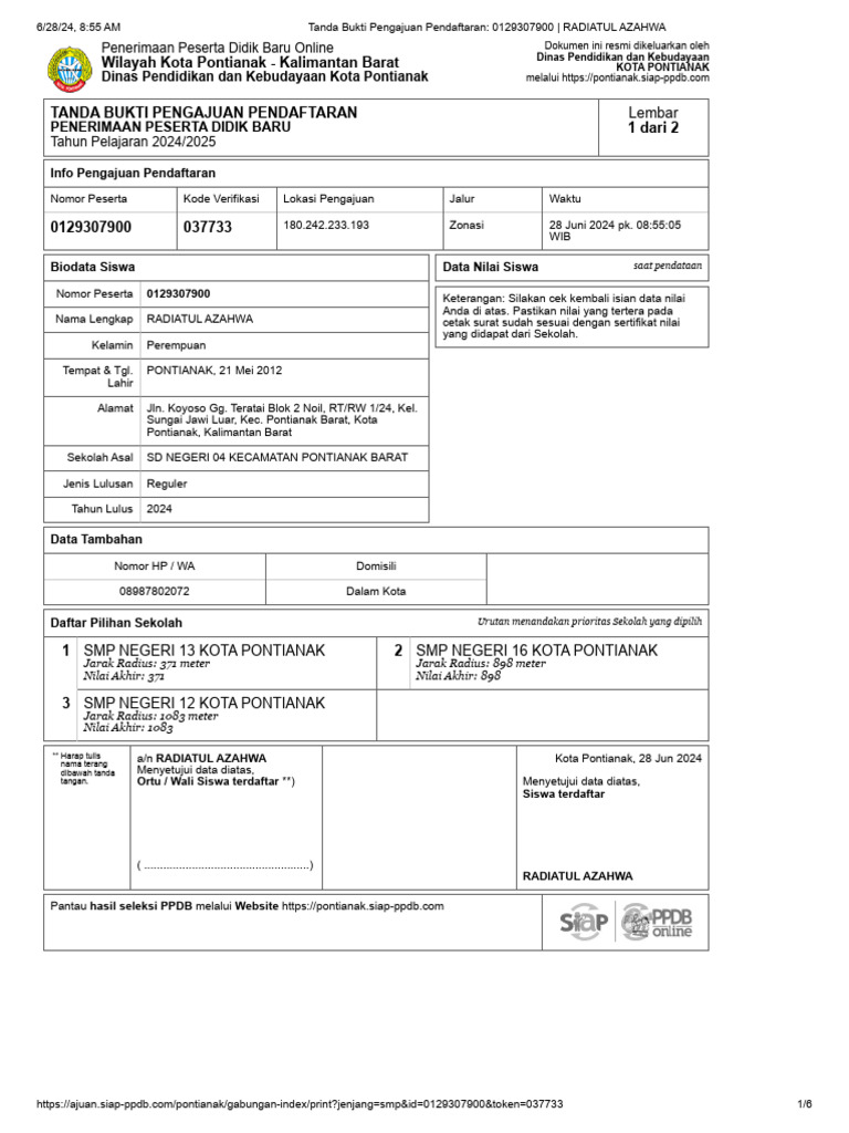 Tanda Bukti Pengajuan Pendaftaran - 0129307900 - RADIATUL AZAHWA | PDF