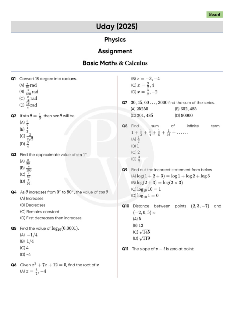 Basic Maths & Calculus: Assignment - Uday 2025 | PDF