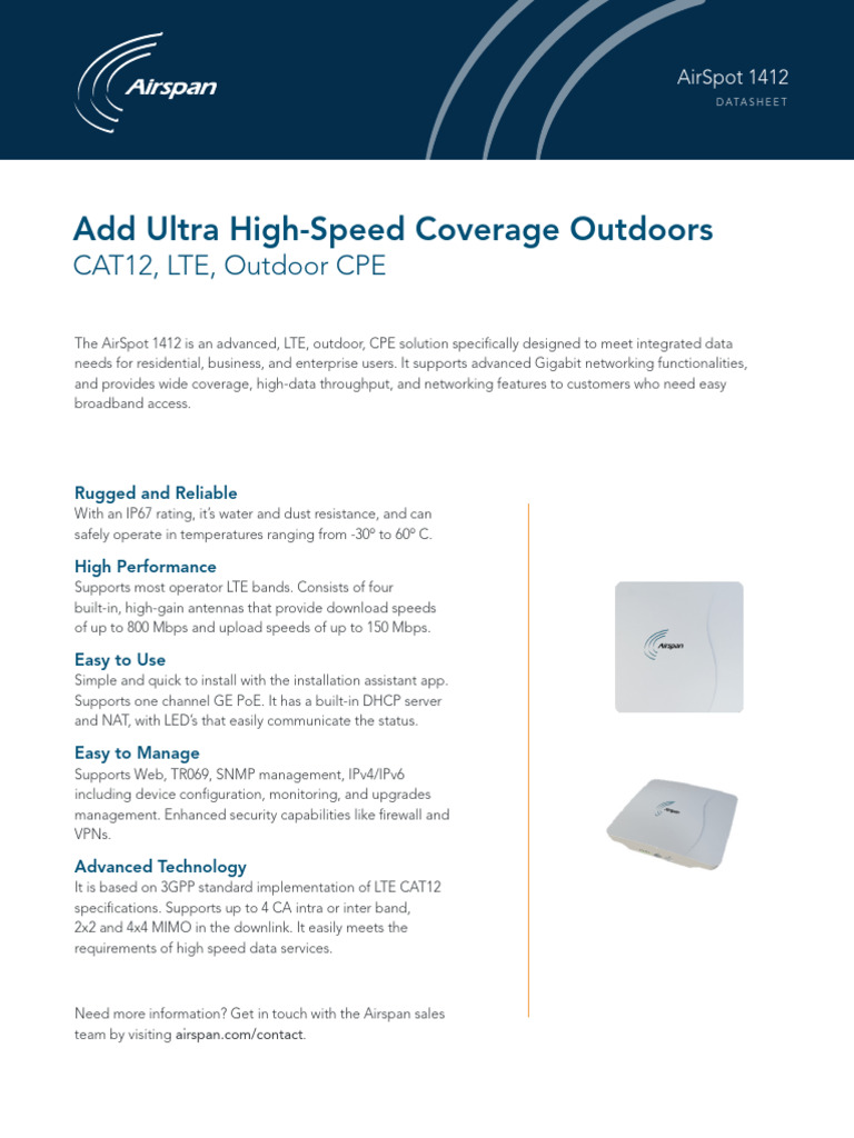 Airspan AirSpot 1412 Datasheet - ADS 0041 01 | PDF | I Pv6 | Virtual Private Network