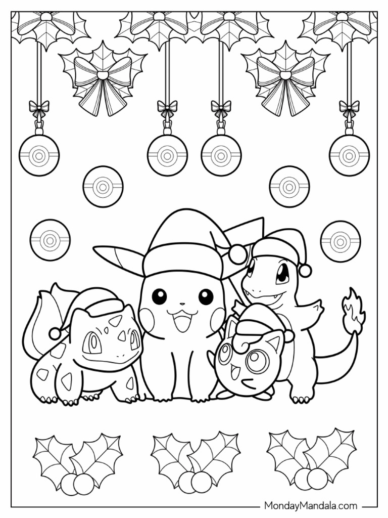 Pikachu Jigglypuff Charmander and Bulbasaur Wearing Santa Hat Coloring ...