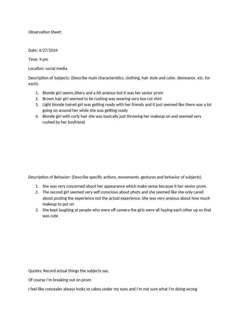 Adolescent Observation Sheet | PDF