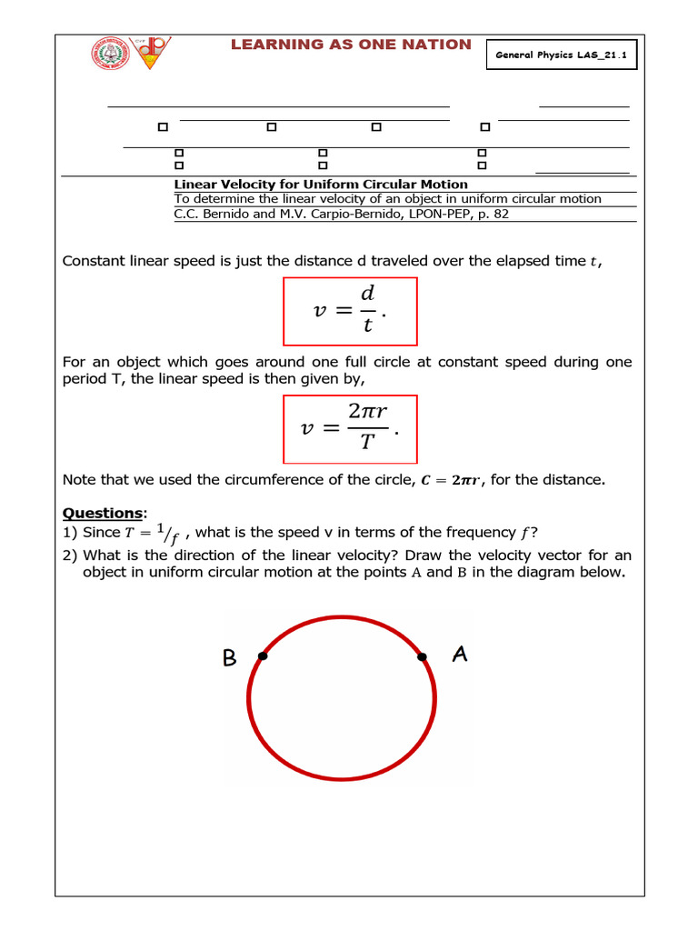 Gen Physics 1 LAS 21.1 Linear Velocity For Uniform Circular Motion | PDF