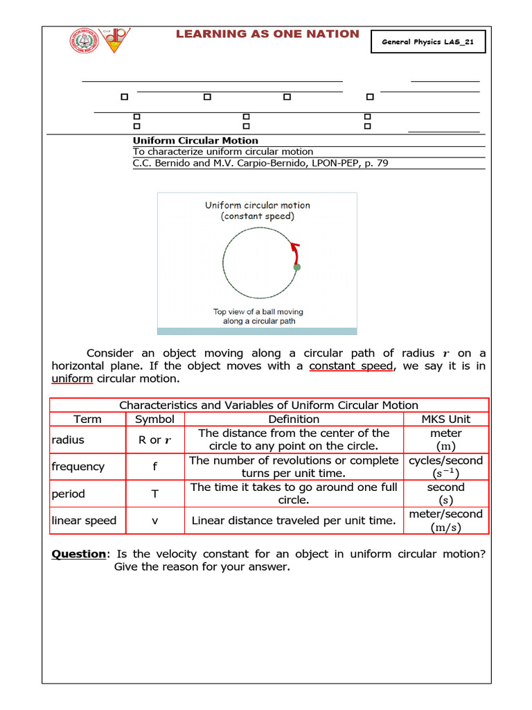 Gen Physics 1 LAS 21 Uniform Circular Motion | PDF