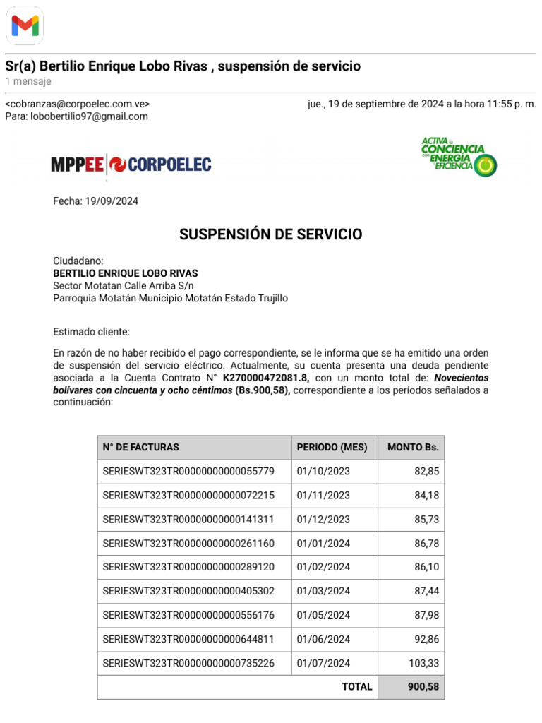 Gmail - SR (A) Bertilio Enrique Lobo Rivas, Suspensión de Servicio | PDF