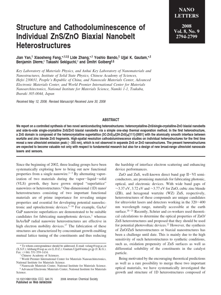 Nl801353c-Structure and Cathodoluminescence of Individual ZnS-ZnO Biaxial Nanobelt ...