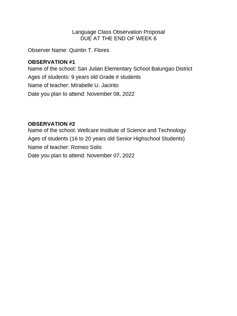 Tesol101 Language Class Observation Proposal | PDF