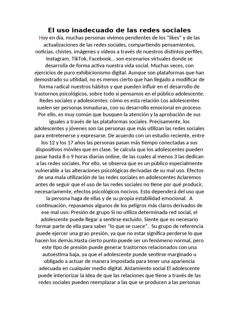El Uso Inadecuado de Las Redes Sociales | PDF