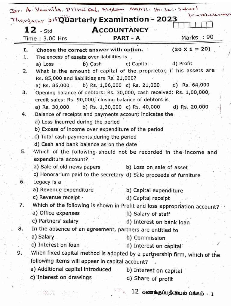 12th Accountancy EM Quarterly Exam 2023 Original Question Paper With ...