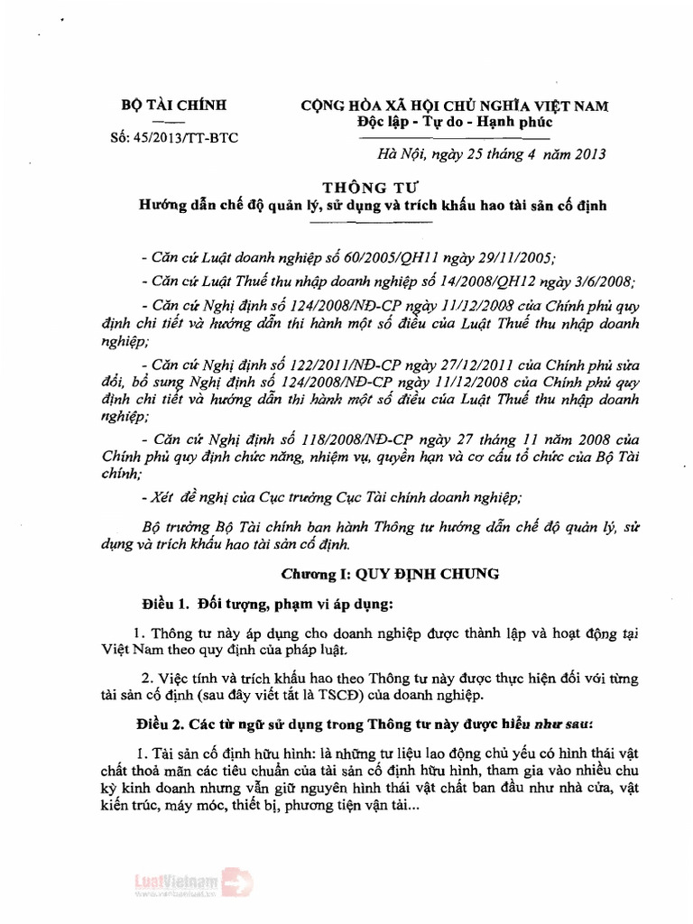 2013 45-2013-TT-BTC hướng dẫn chế độ Quản lý, sử dụng và trích khấu hao tài sản cố định | PDF