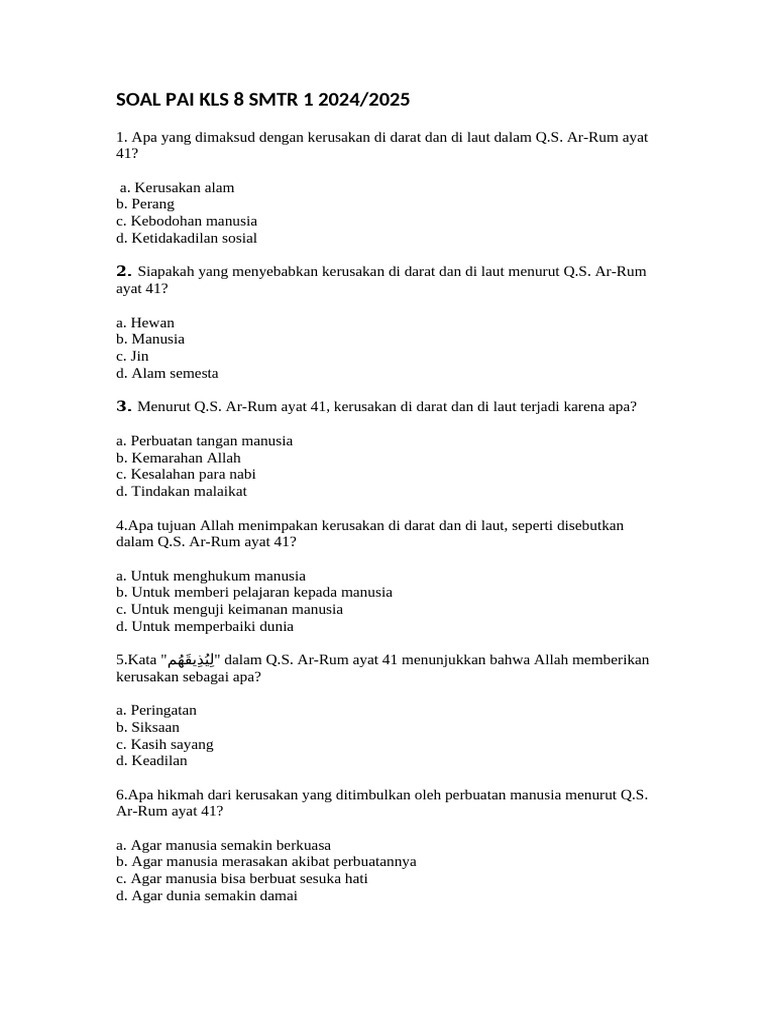 Soal Pai KLS 8 SMTR 1 2024 | PDF