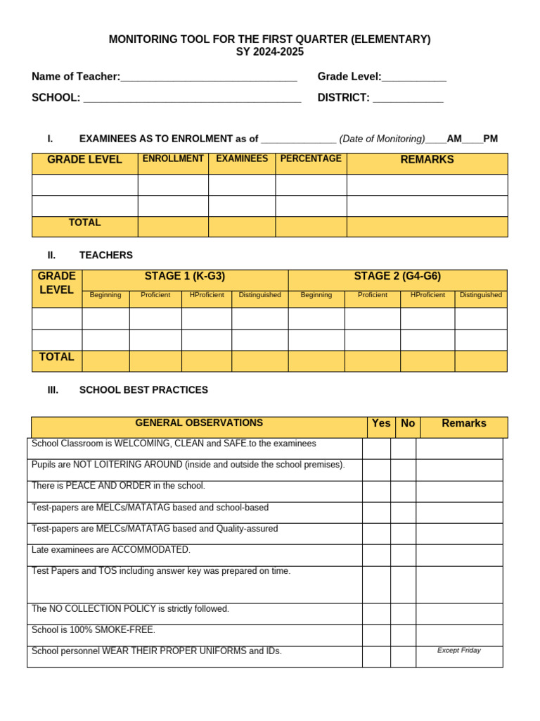 MONITORING TOOL FOR THE FIRST QUARTER Elem Teacher | PDF