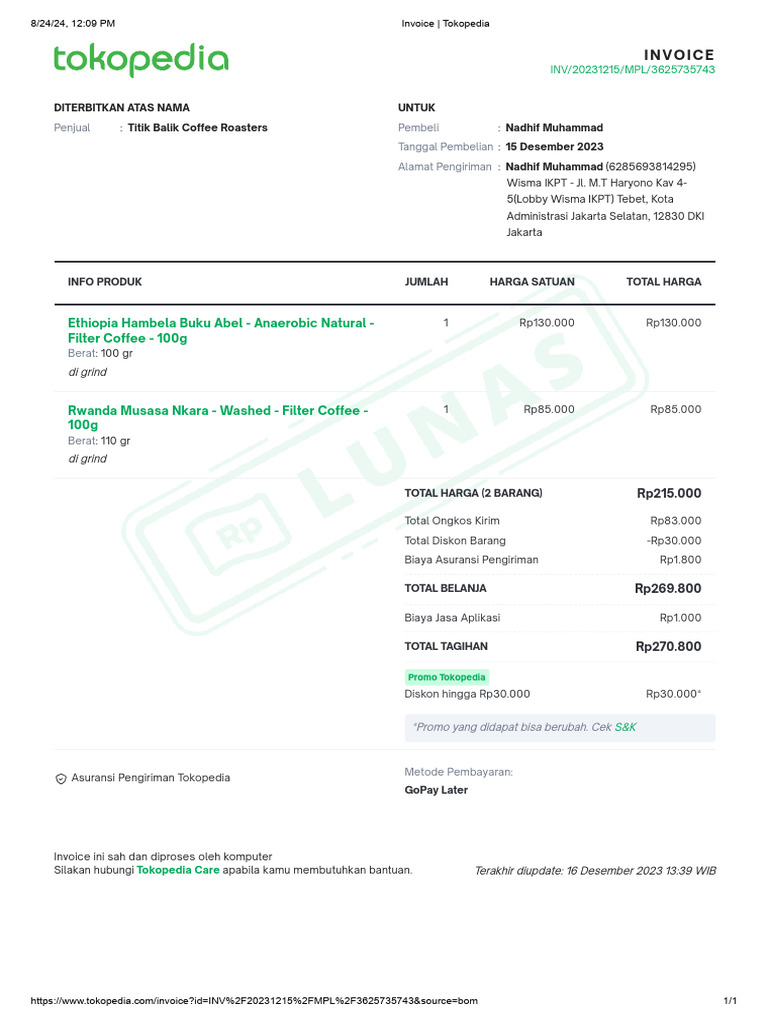 Invoice - Tokopedia | PDF