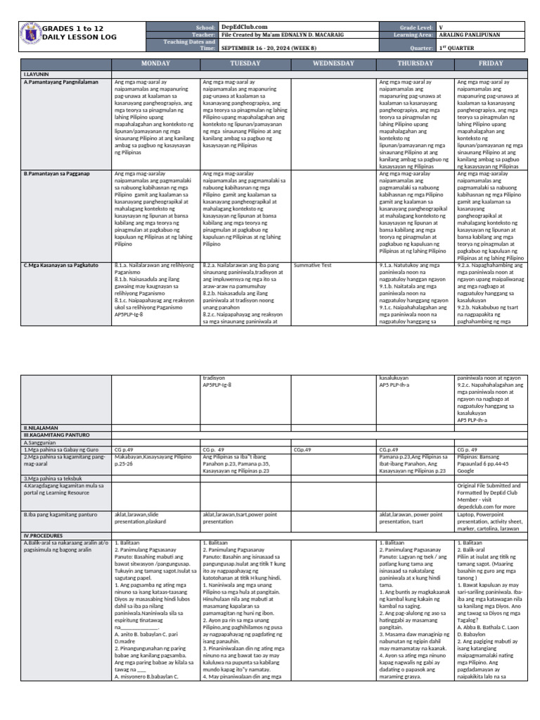 DLL - Araling Panlipunan 5 - Q1 - W8 | PDF