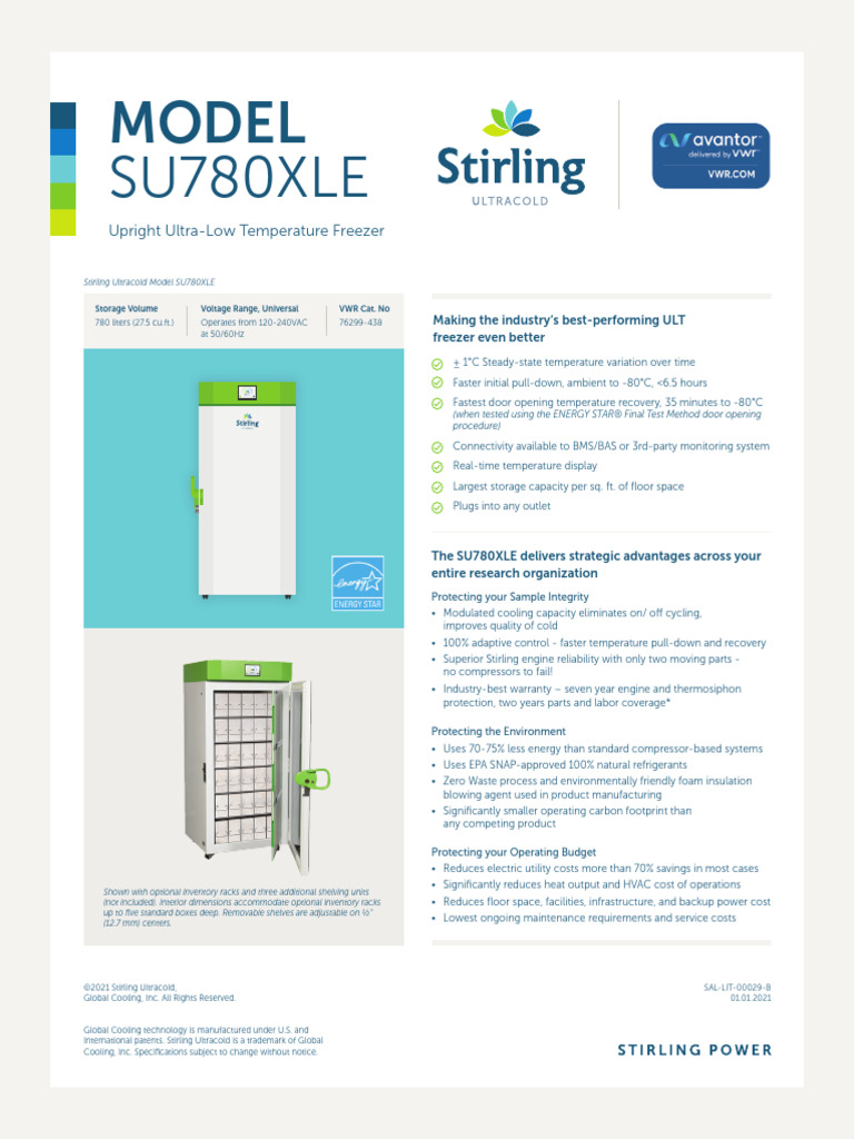 Stirling Ultracold SU780XLE Upright Ultra-Low Temperature Freezer | PDF
