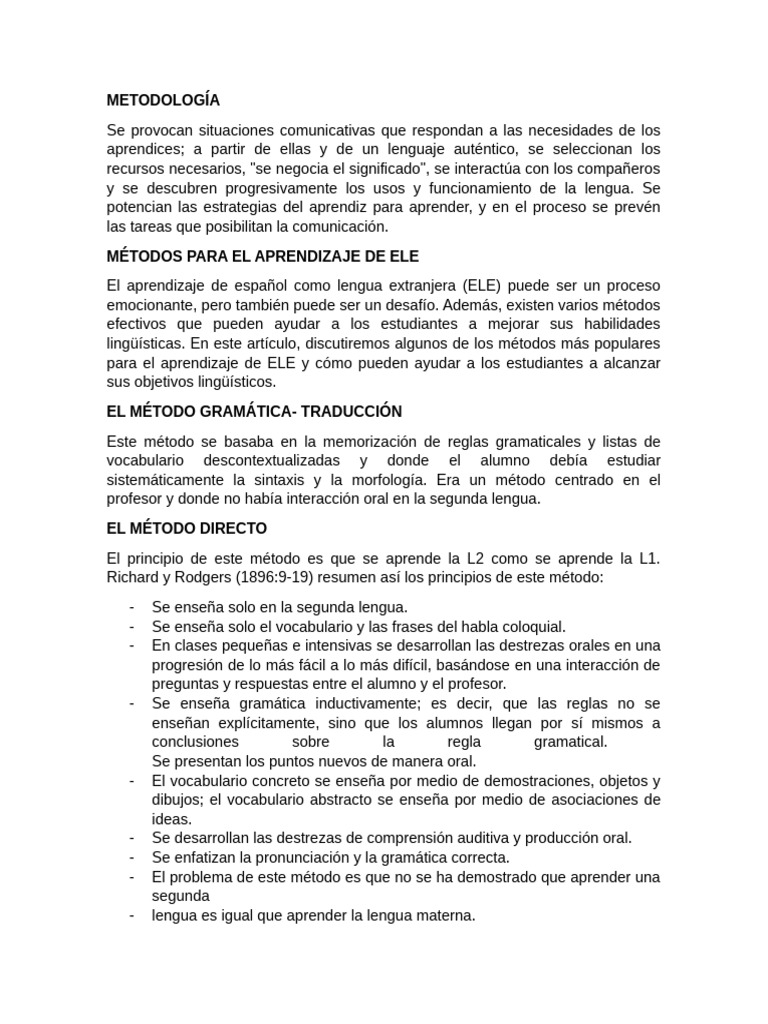 Métodos para La Enseñanza Del Español Como Segunda Lengua | PDF | Segundo lenguaje | Aprendizaje