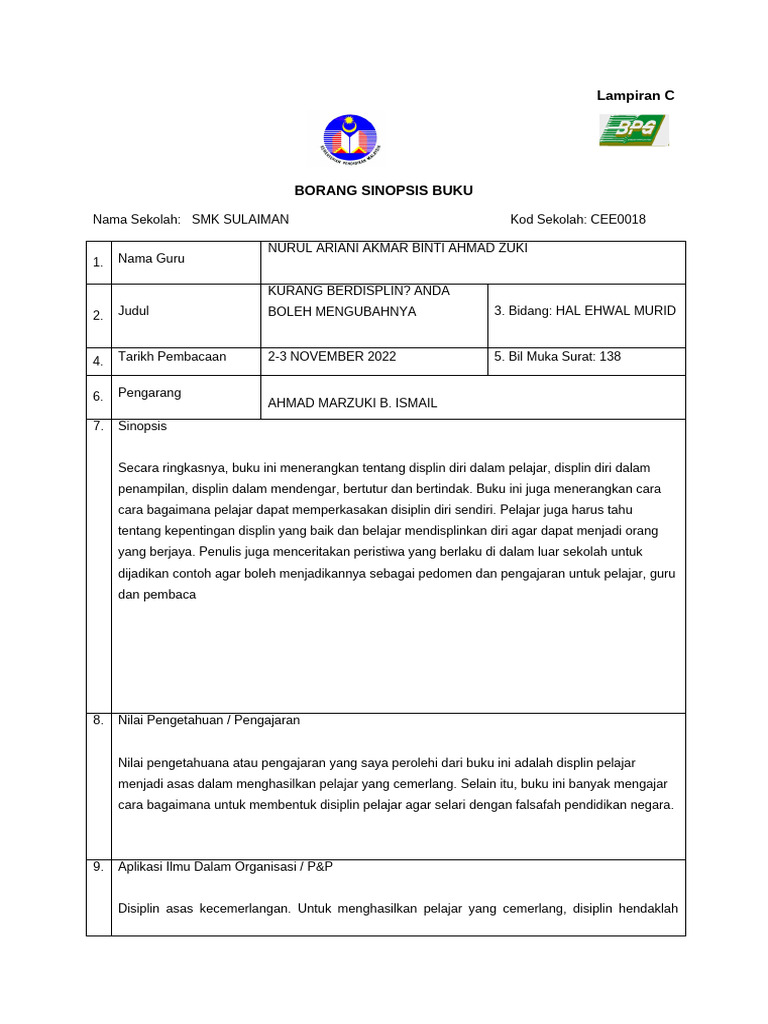 Template Sinopsis SPLKPM Buku 1 | PDF