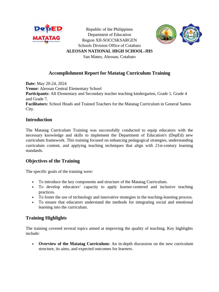 Accomplishment Report: Matatag Training | PDF | Curriculum ...