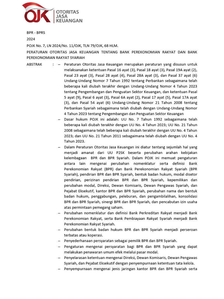 POJK+7 Tahun 2024+bank Perekonomian Rakyat Dan Bank Perekonomian Rakyat Syariah+FAQ-1 | PDF