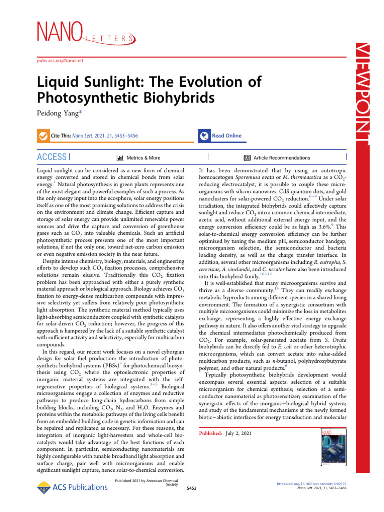 Liquid Sunlight The Evolution of Photosynthetic Biohybrids | PDF