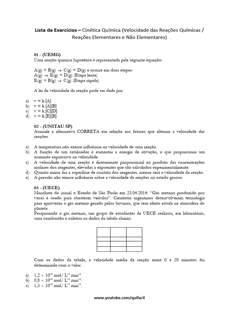 Lista de Exercícios - Cinética Química (Velocidade Das Reações Químicas ...
