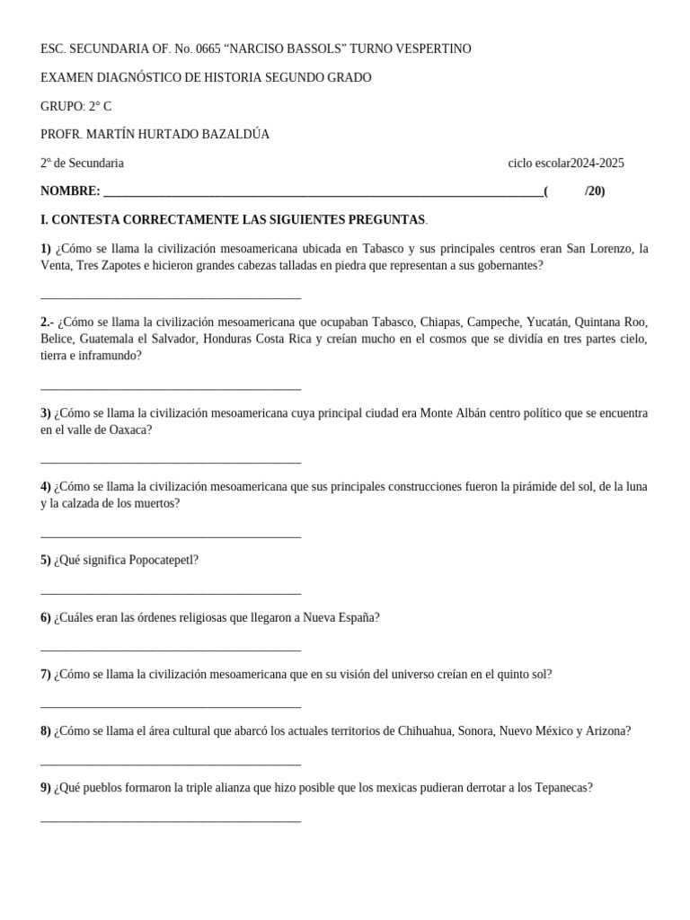 EXAMEN DIAGNÓSTICO DE HISTORIA 2 | PDF