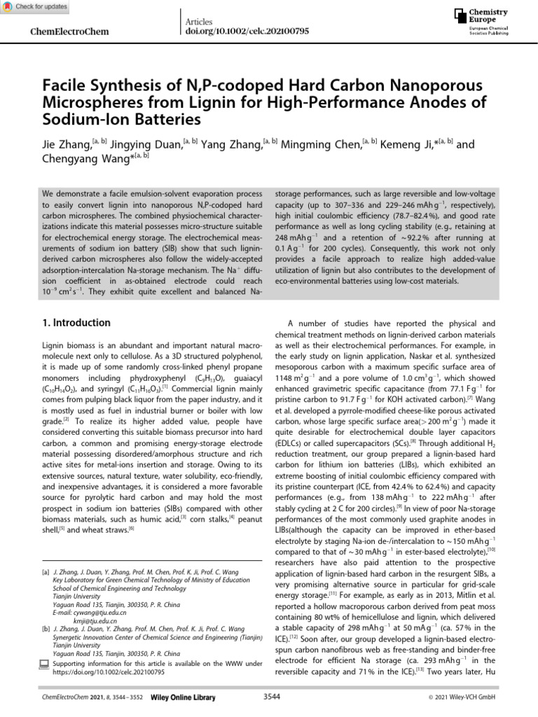 ChemElectroChem - 2021 - Zhang - Facile Synthesis of N P Codoped Hard Carbon Nanoporous ...