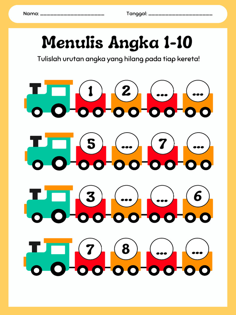Lembar Kerja Menulis Angka 1-10 Ilustrasi Kuning Putih | PDF