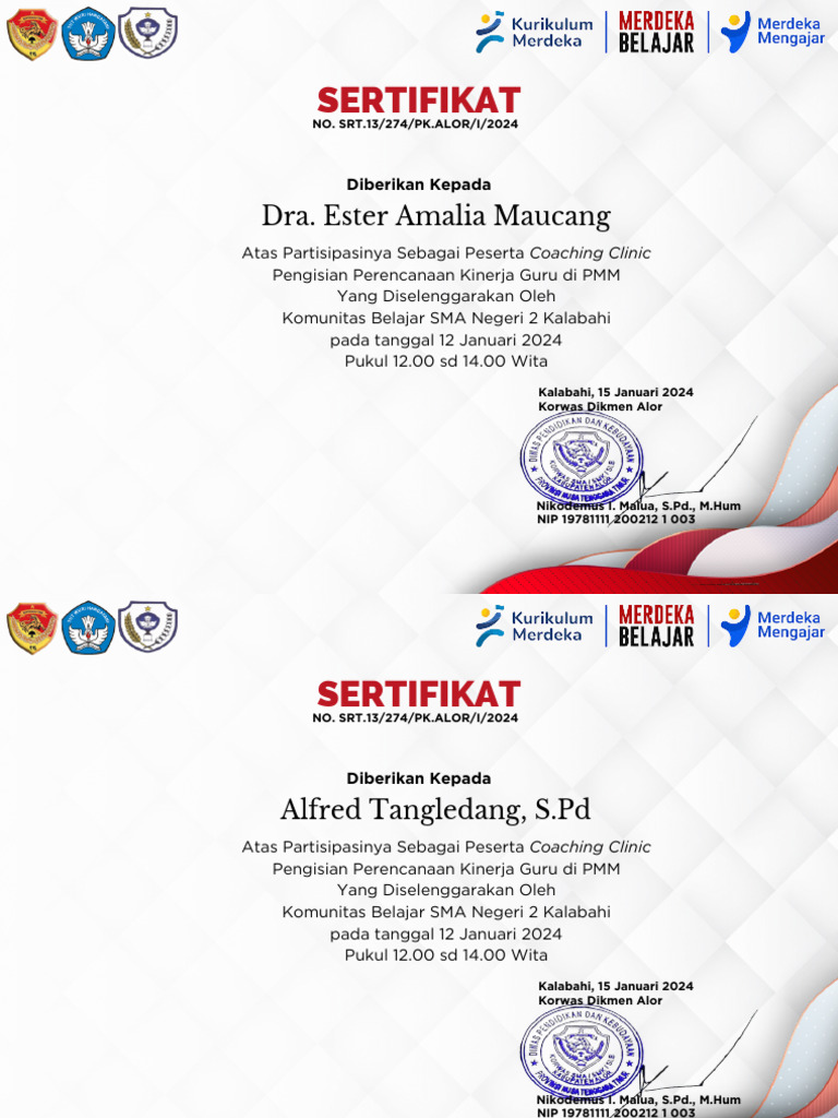 Sertifikat Coaching Pengisian Perencanaan Kinerja Guru 12 Jan 2024 Pdf