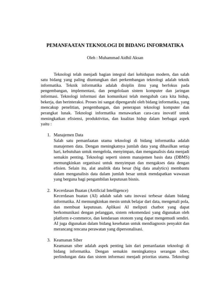 Essay Pemanfaatan Teknologi Di Bidang Informatika Muhammad Aidhil Aksan | PDF