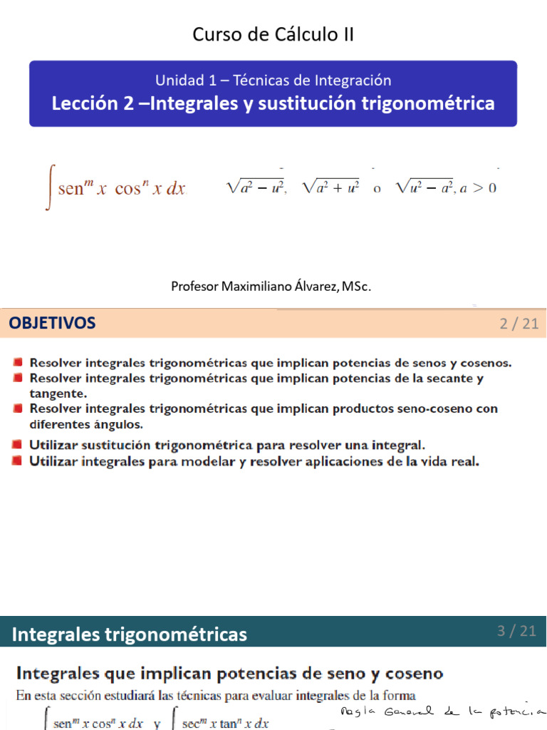 Unidad I - Lección 2 - Integrales y Sustitución Trigonométricas | PDF