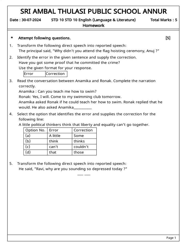 SRI Ambal Thulasi Public School Annur: Homework | PDF
